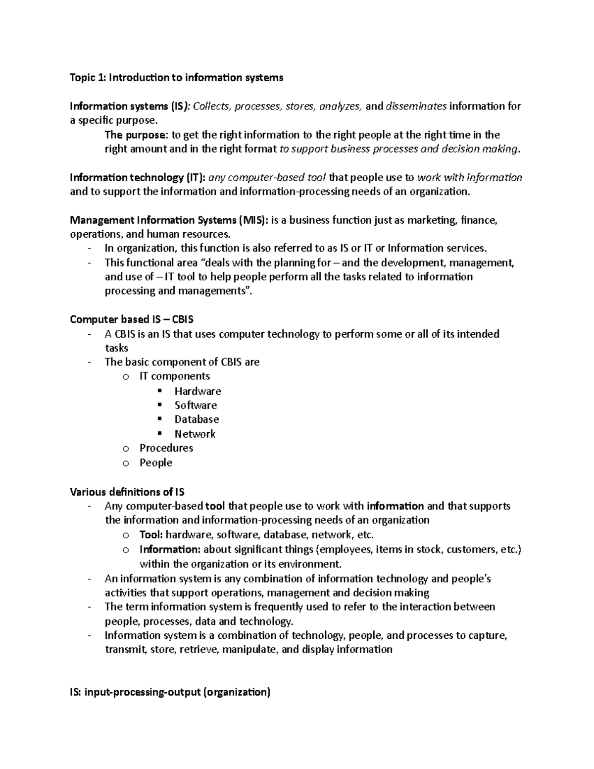 Mis Topic 1 Lecture Notes 1 Topic 1 Introduction To Information