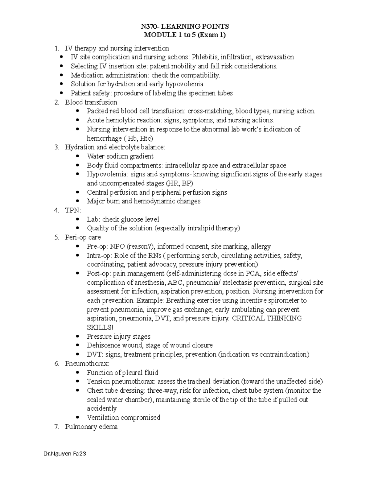 EXAM 1 Learning Points Module 1 to 5 (Exam 1) - N370- LEARNING POINTS ...