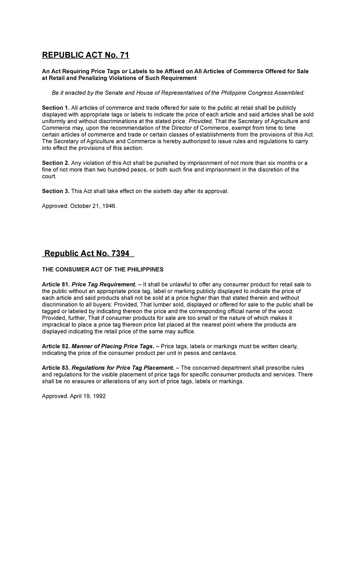 Republic ACT No. 71 - THE Price TAG ACT - REPUBLIC ACT No. 71 An Act ...