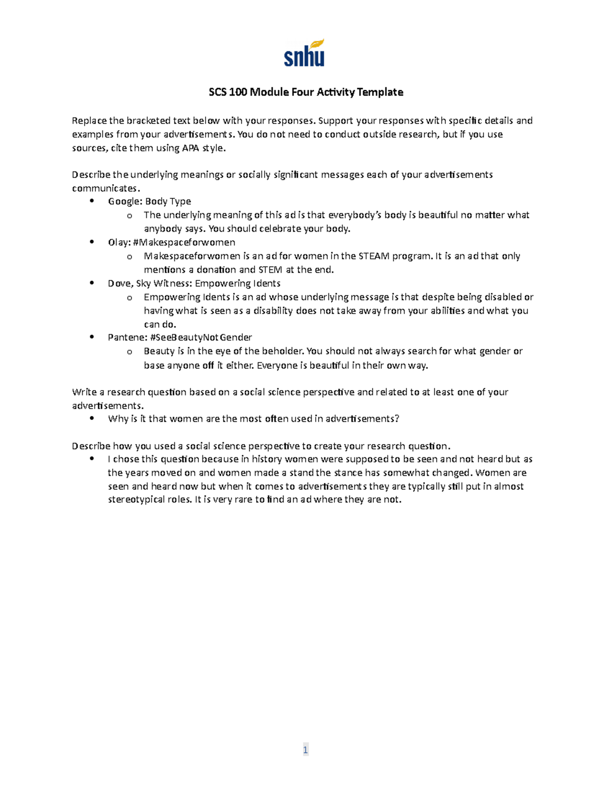 SCS100 Module 4 - SCS 100 Module Four Activity Template Replace the bracketed text below with ...