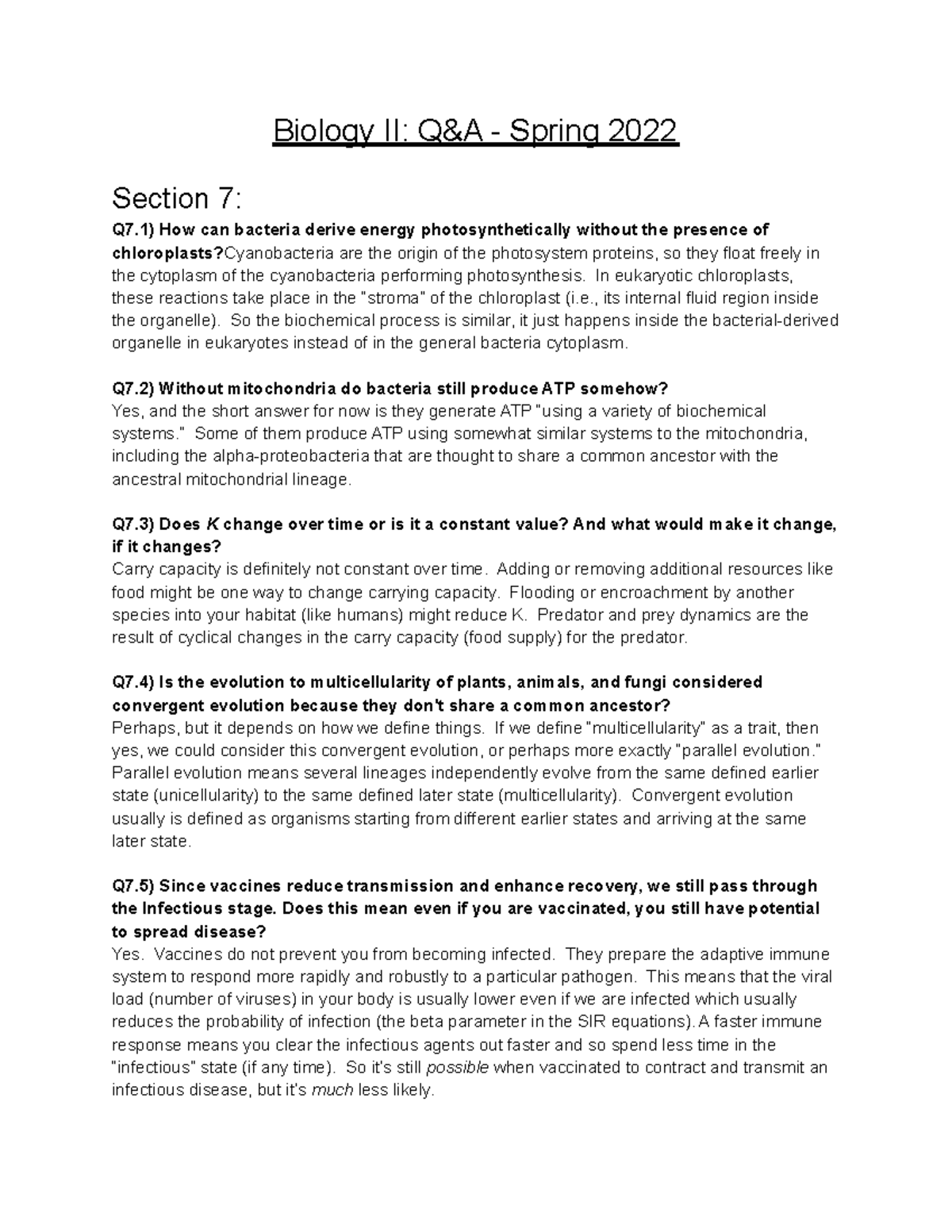 Biology 160: Section 7 Summary and Practice Problems - Biology II: Q&A ...