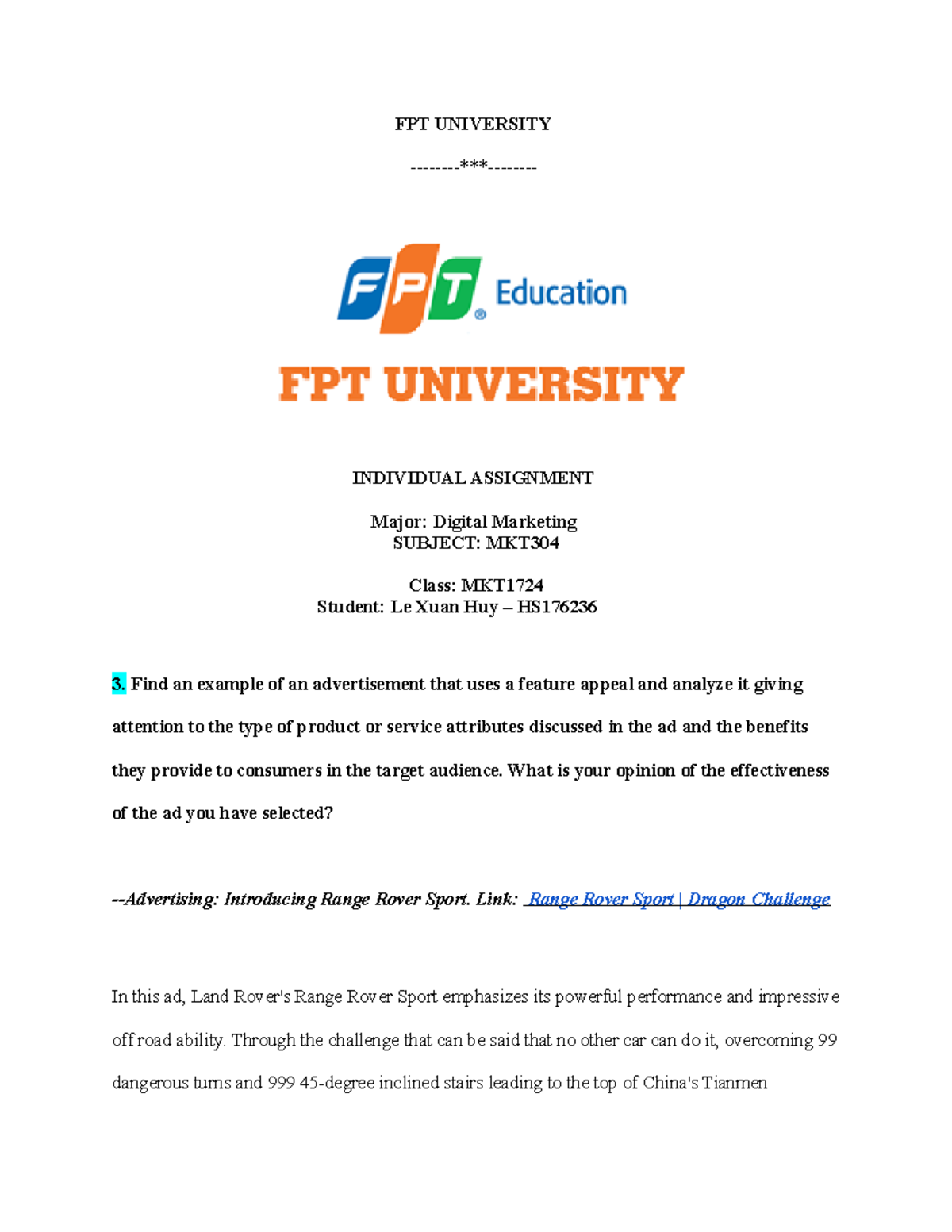 Le Xuan Huy-Individual Assignment - FPT UNIVERSITY -***- INDIVIDUAL ASSIGNMENT Major: Digital ...