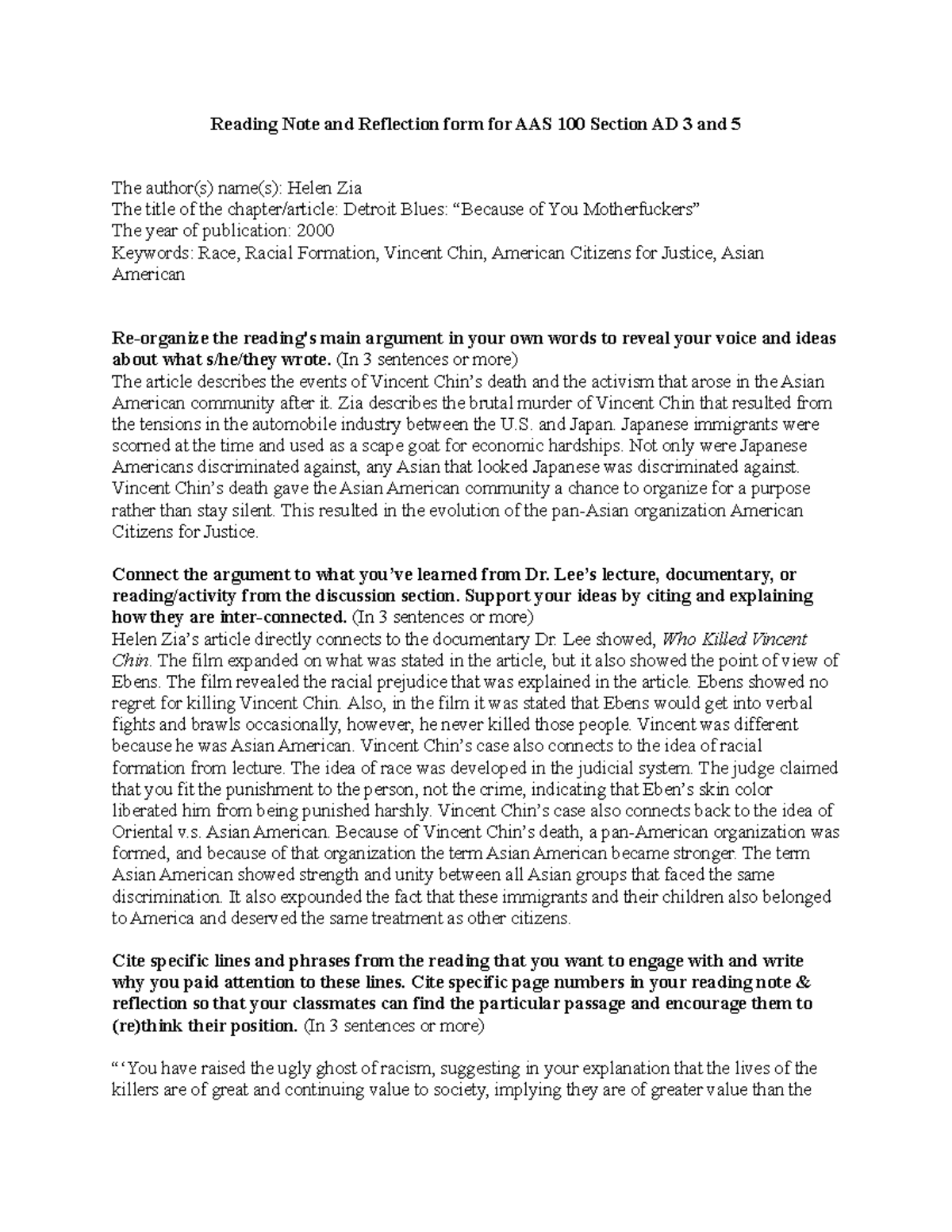 Week 4 Reflection - Reading Note and Reflection form for AAS 100 Section AD 3 and 5 The author(s ...