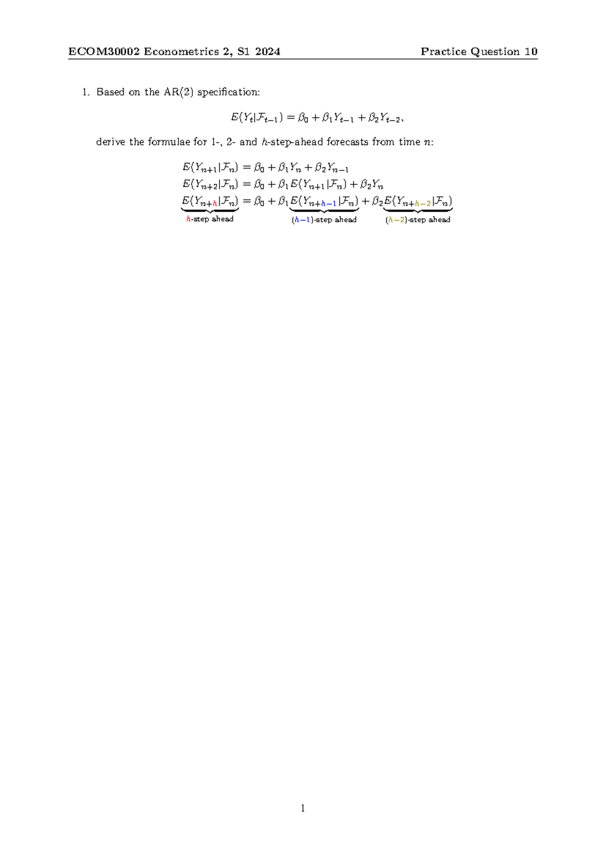 Practice Question 10 - notes - Fin 324 - ECOM30002 Econometrics 2, S1 ...