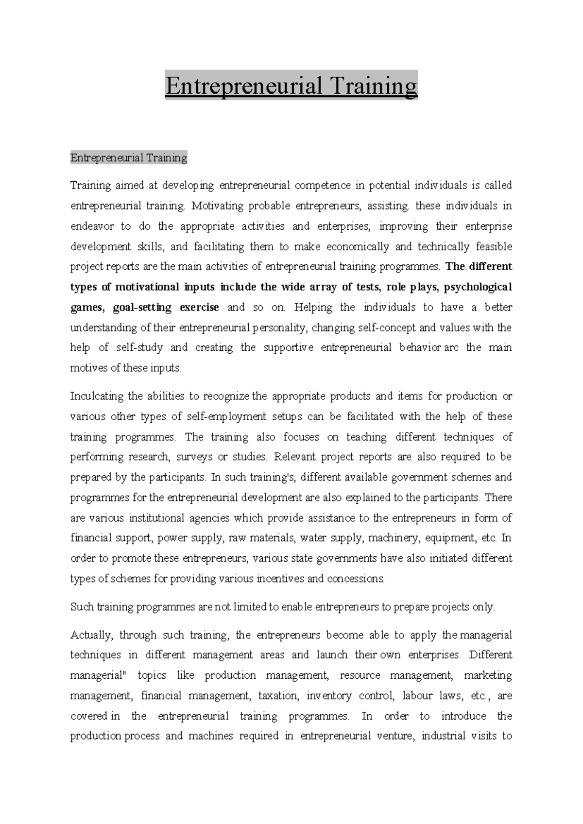 UNIT 2 - entrepreneurship - Entrepreneurial Training Entrepreneurial ...