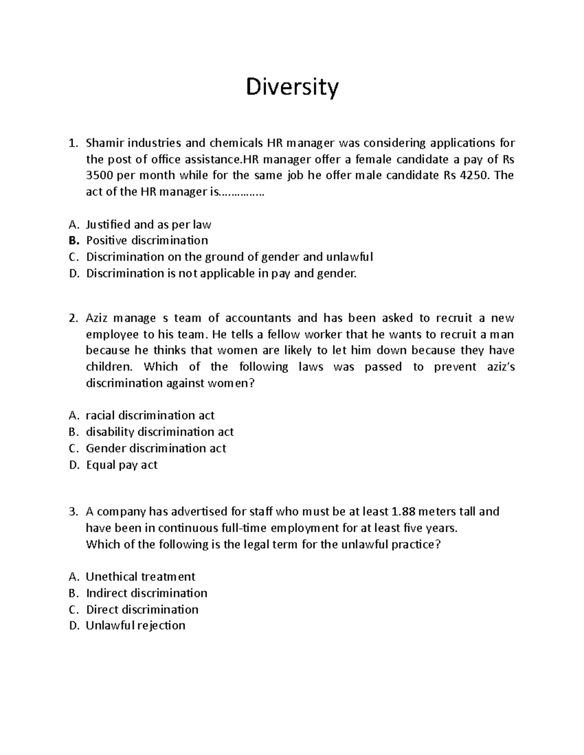Diversity practice - Lecture detail and some exam related details ...