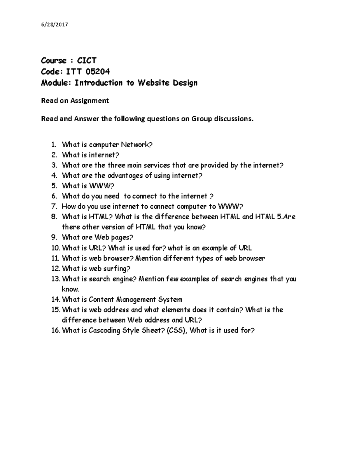 Readon Assignment Notes 628 Course Cict Code Itt 05204 Module Introduction To Website