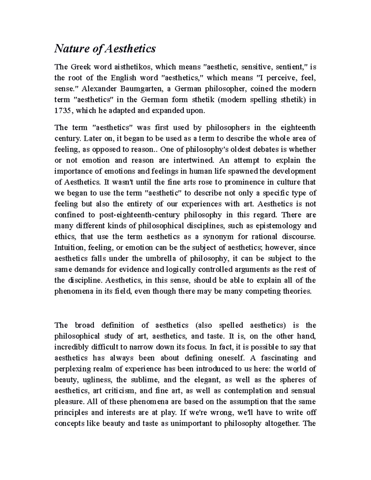 Nature of Aesthetics - " Alexander Baumgarten, a German philosopher ...