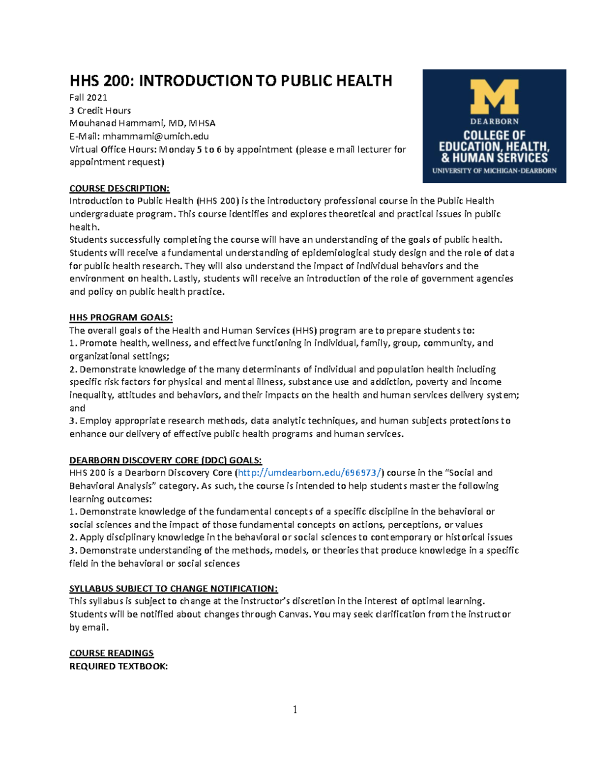 HHS 200 Hammami Syllabus Fall 2021 - HHS 200: INTRODUCTION TO PUBLIC ...