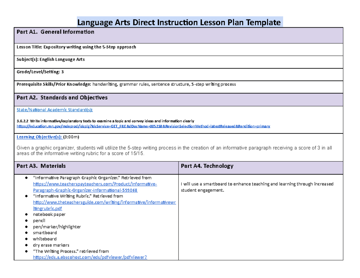 C365 task 1 language arts instruction and intervention - Language Arts Direct Instruction Lesson ...