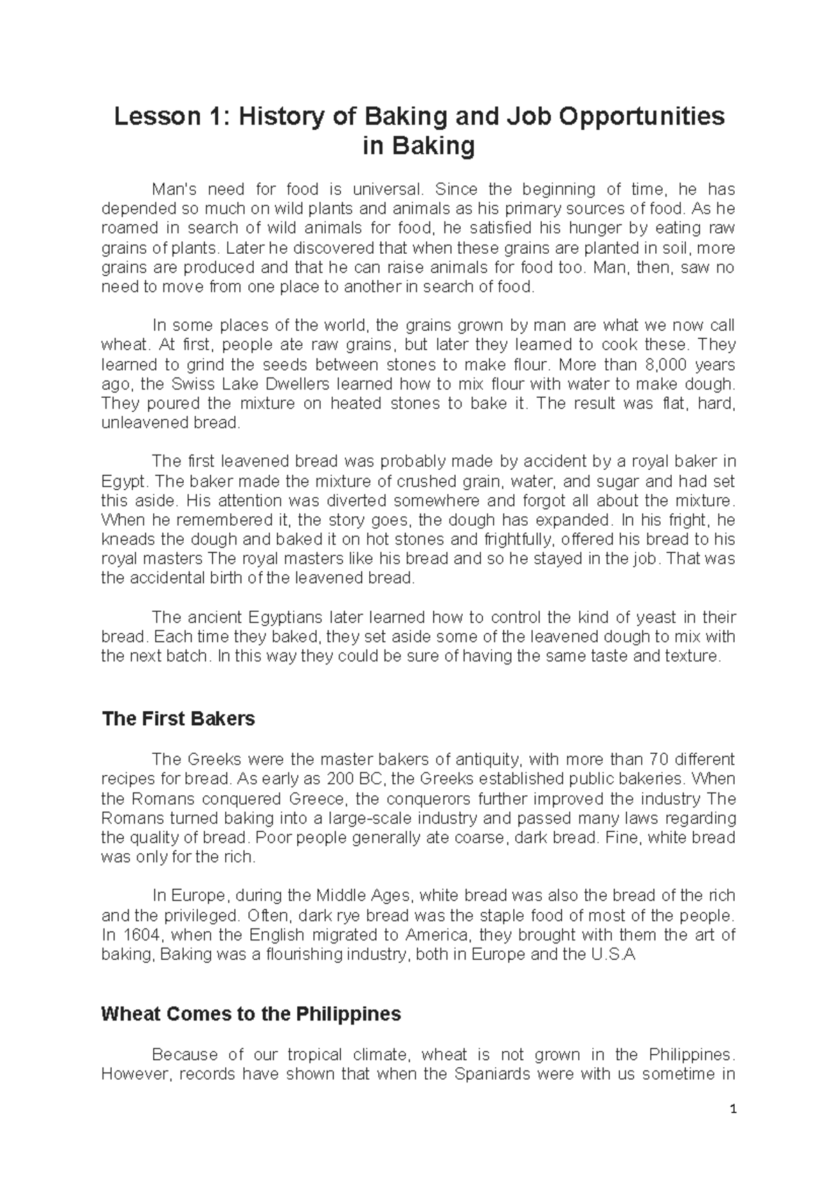 Lesson 1 - Lesson 1: History of Baking and Job Opportunities in Baking ...