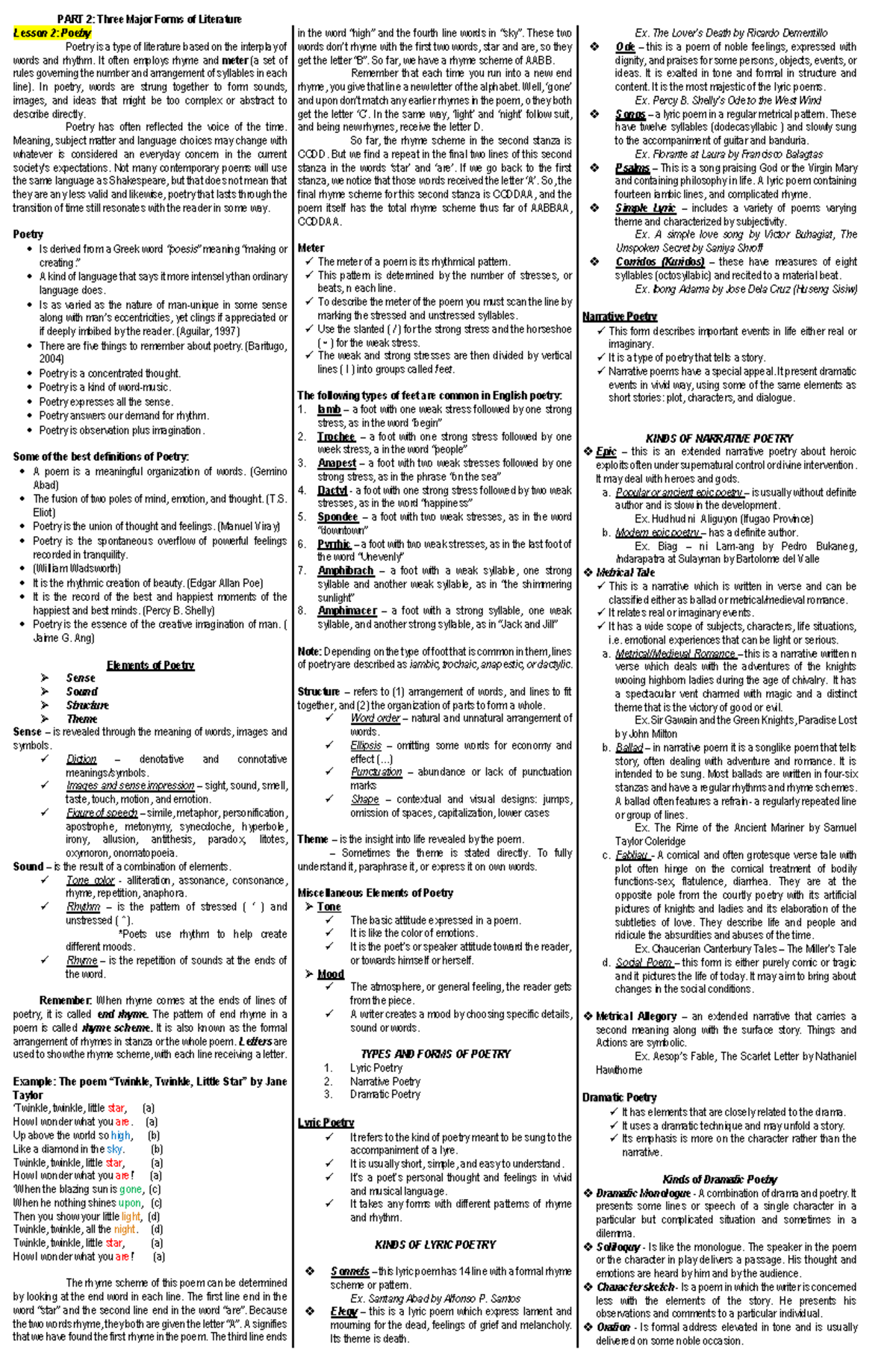 Lit 111 Part 2 Lesson 2 and 3 handout - PART 2: Three Major Forms of ...