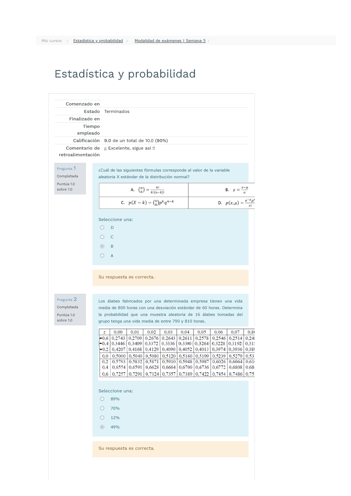 Modalidad de exámenes Semana 5 Revisión del intento - Estadística y probabilidad Pregunta 11 ...