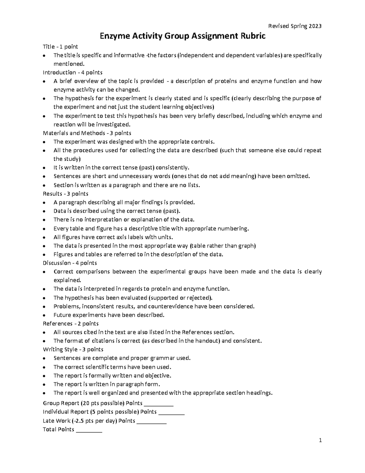 BIOL 1107 Enzyme Activity Group Assignment Rubric S23 - Revised Spring ...