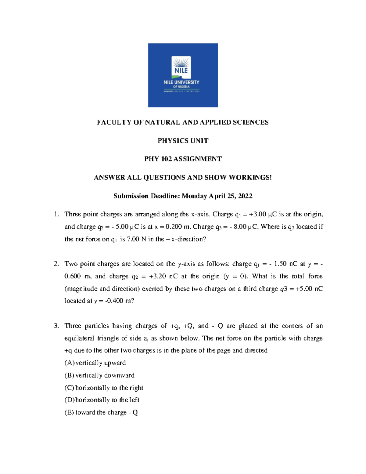 PHY 102 - Assignment 2022 - FACULTY OF NATURAL AND APPLIED SCIENCES ...