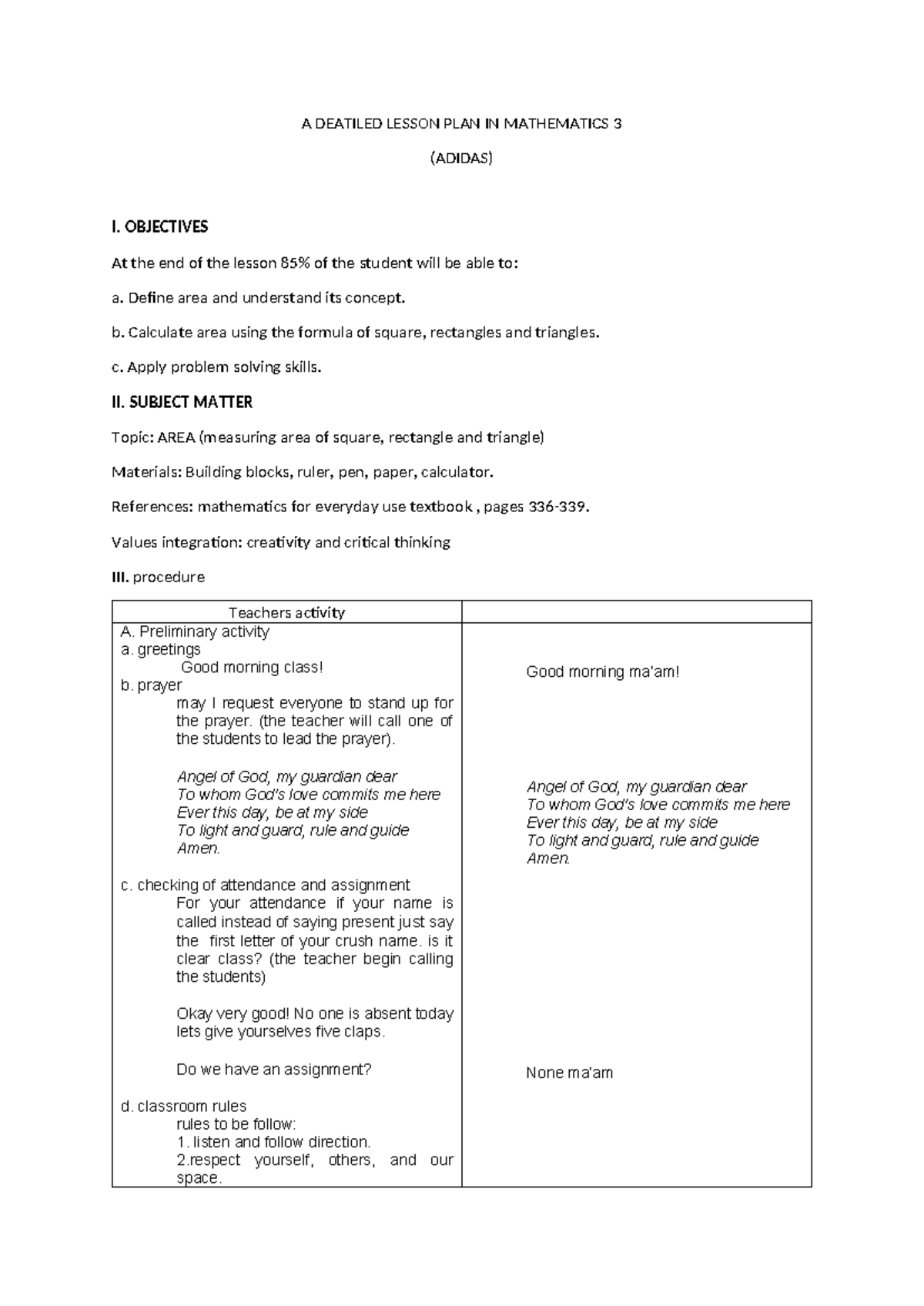 Teachers activity - lesson plan - A DEATILED LESSON PLAN IN MATHEMATICS ...
