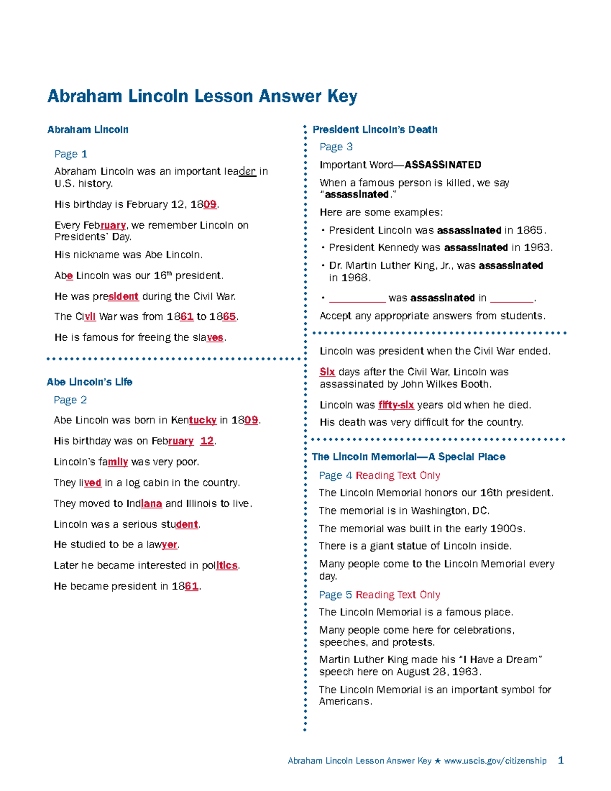 Abraham Lincoln answer key - Abraham Lincoln Lesson Answer Key H uscis ...
