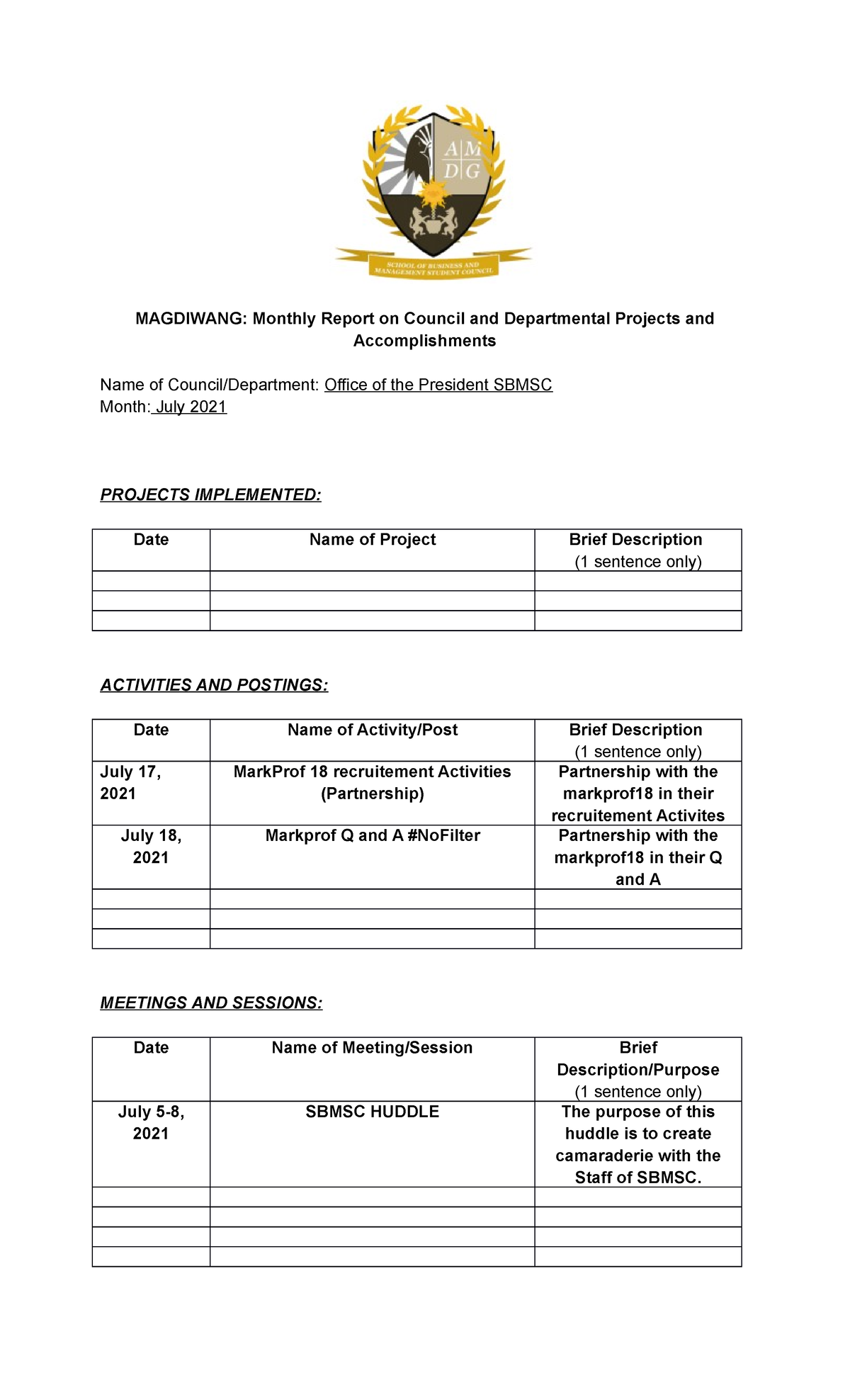 Monthly Accomplishment Report OOP - MAGDIWANG: Monthly Report on ...
