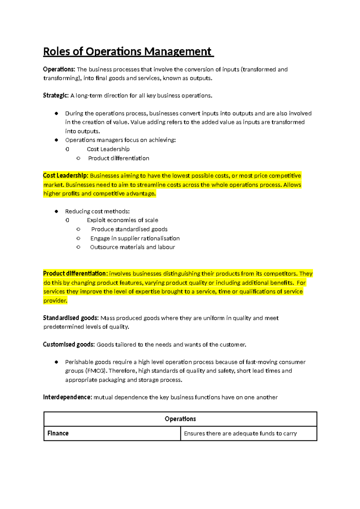 Operations notes - Roles of Operations Management Operations: The ...