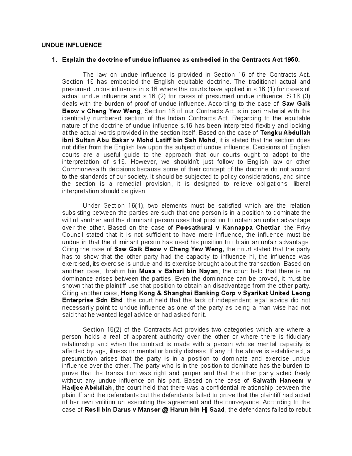 Tutorial 3 - Undue Influence - UNDUE INFLUENCE Explain the doctrine of ...