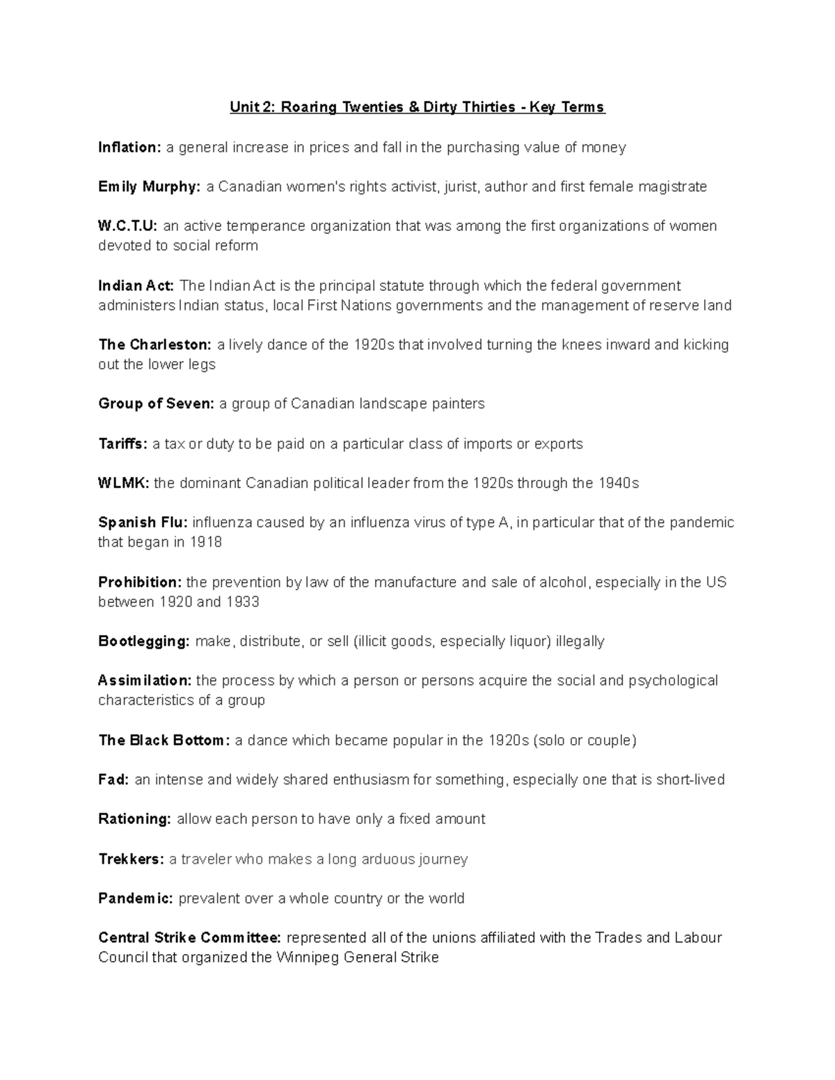 Roaring Twenties & Dirty Thirties - Key Terms - Unit 2: Roaring ...