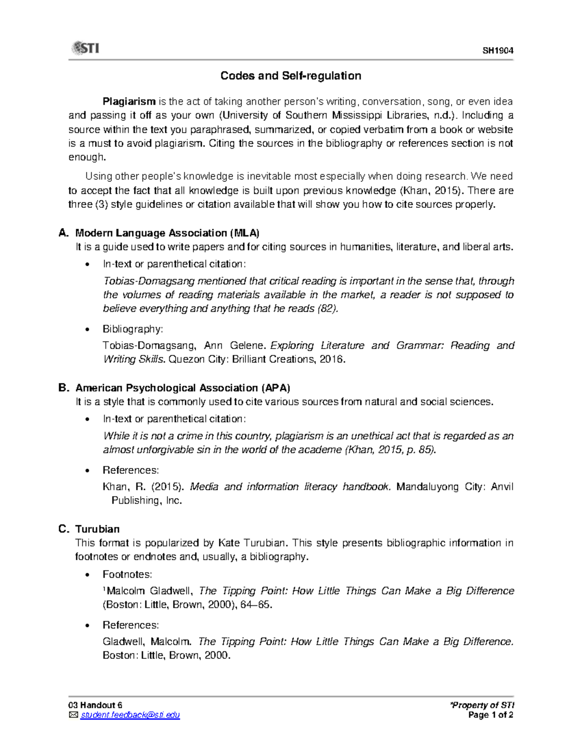 Codes and Self-regulation - SH 03 Handout 6 *Property of STI student ...