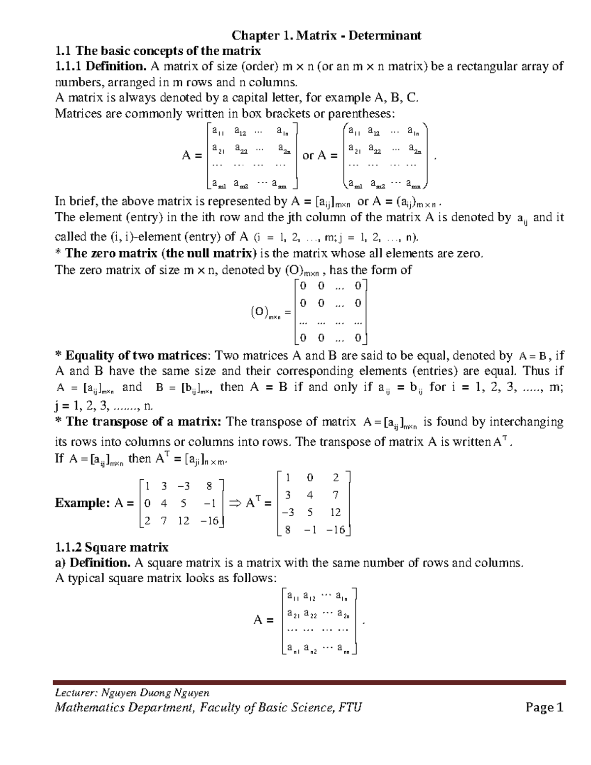 Chapter 1 TCC - Lecturer: Nguyen Duong Nguyen ####### Chapter 1. Matrix ...
