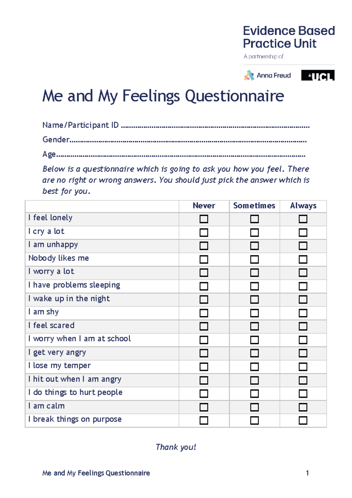 Me and my feelings questionnaire - - Studocu