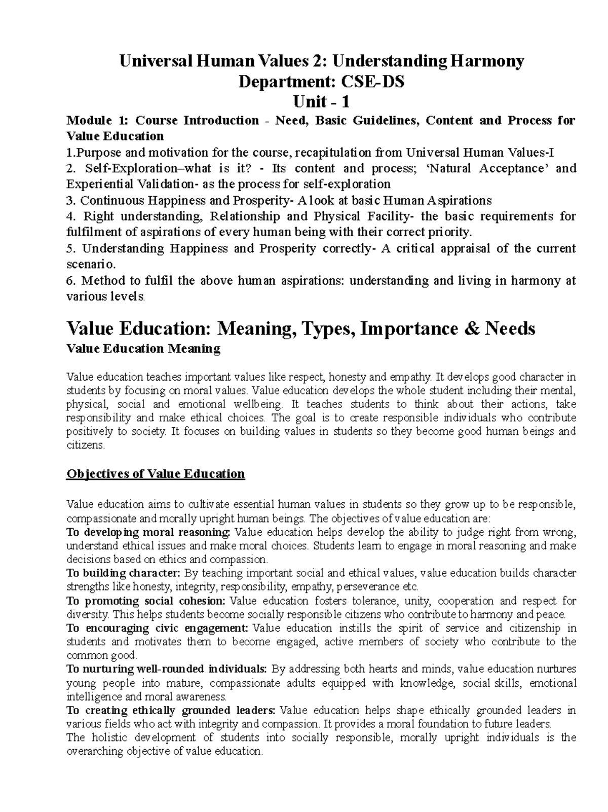 UHV - UNIT-1 - Universal Human Values 2: Understanding Harmony ...