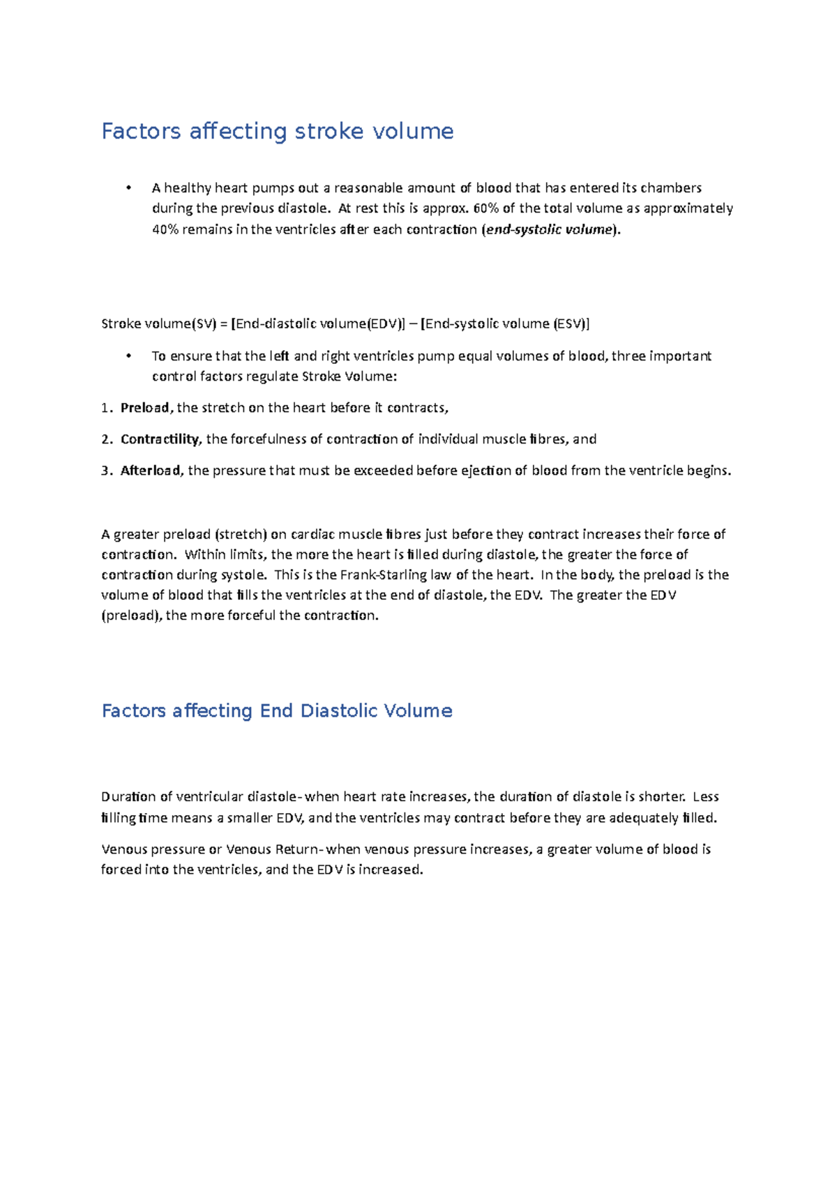 Stroke volume and EDV - Lecture notes 1 - Factors affecting stroke ...
