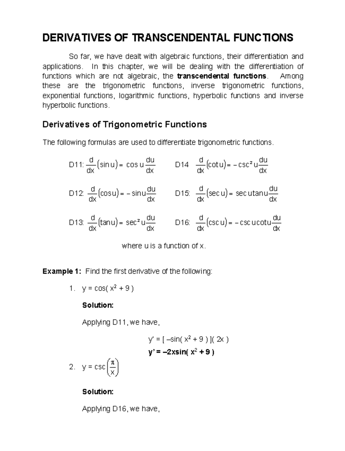 Derivatives of Trigonometric Fuctions - DERIVATIVES OF TRANSCENDENTAL ...
