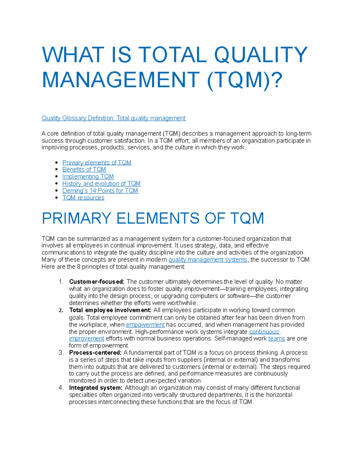 Implemeting TQM - make use with the document - WHAT IS TOTAL QUALITY ...