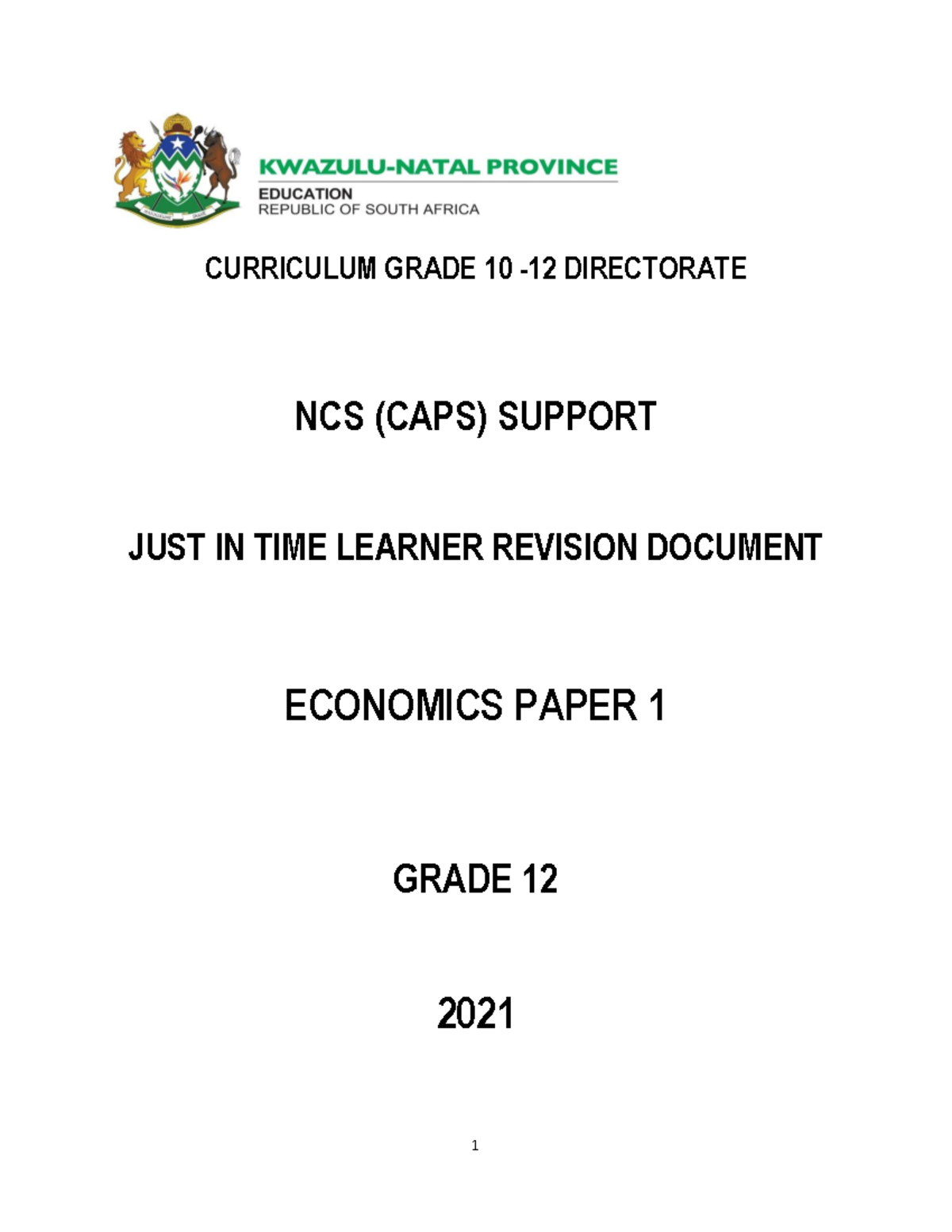 Grade 12 Economics Paper 1 JUST IN TIME Learner Revision Document Final ...