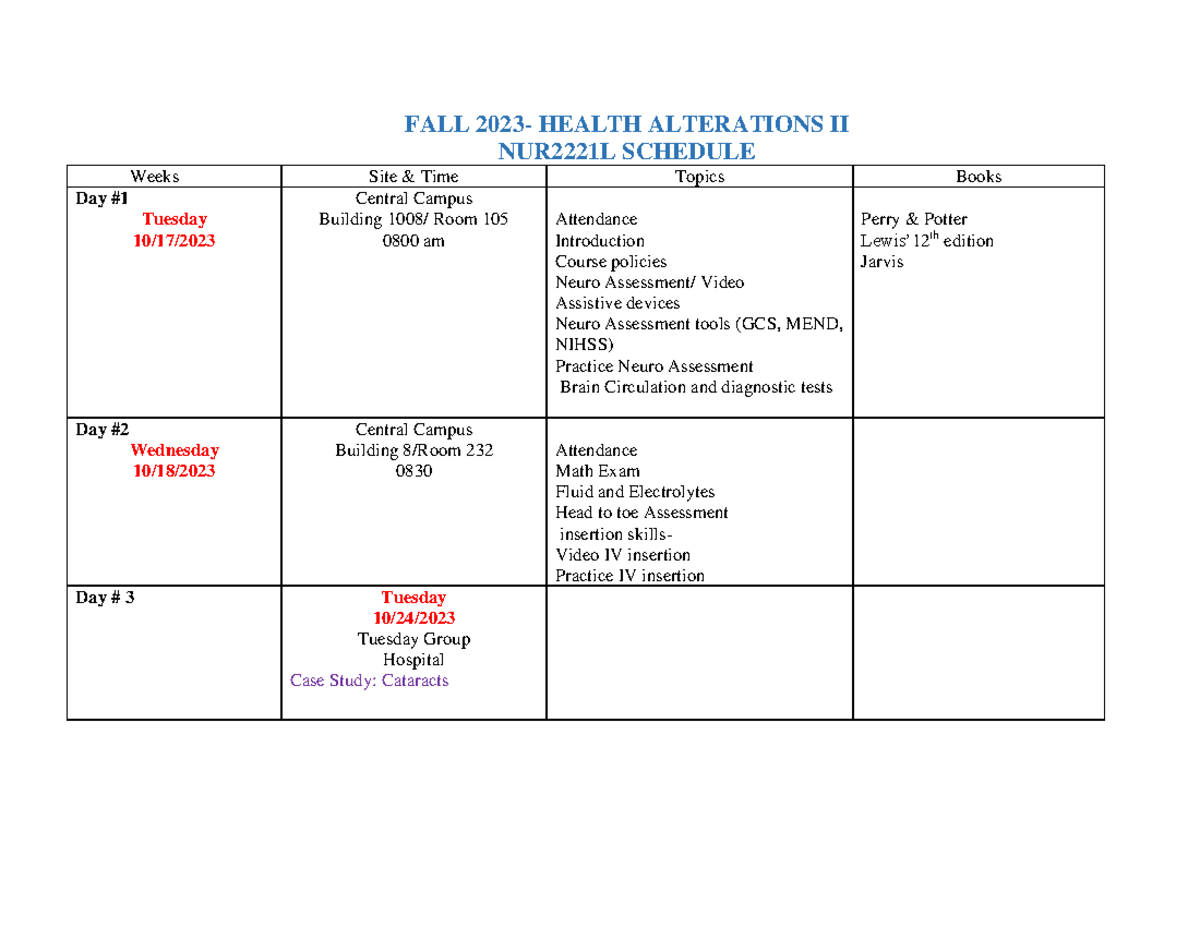 Clinical Schedule NUR 2221L -Fall 2023 - FALL 2023 - HEALTH ALTERATIONS ...