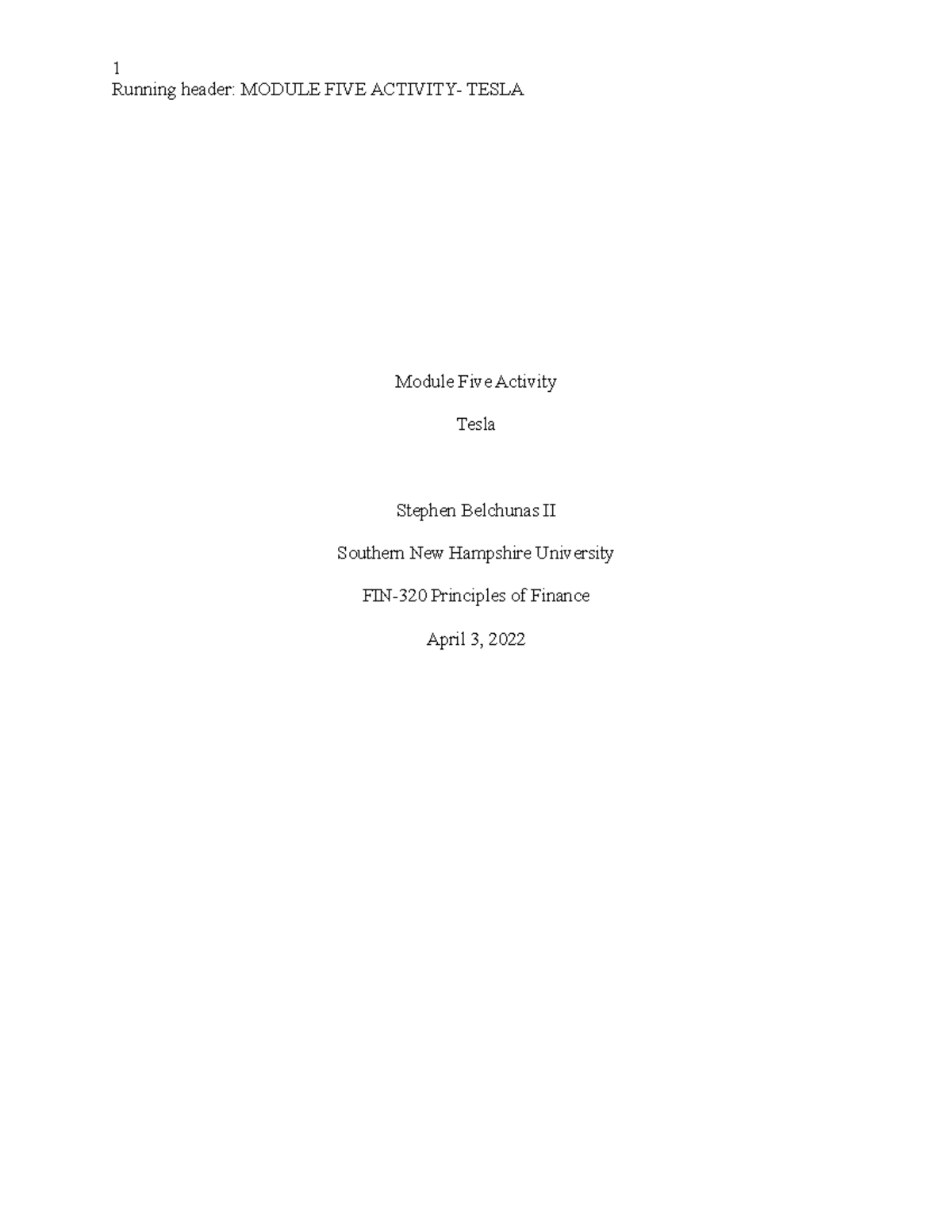 Module Five Activity- Tesla - Running header: MODULE FIVE ACTIVITY ...