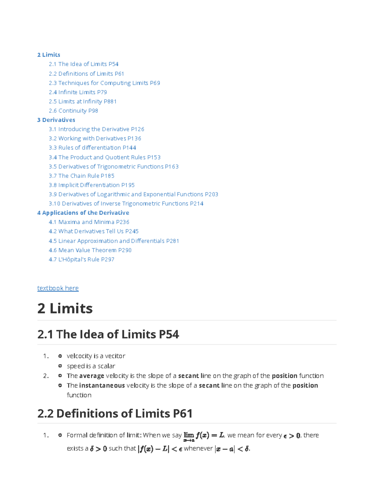 Math1A notebook - Summary Calculus - 2 Limits 2 The Idea of Limits P 2 ...