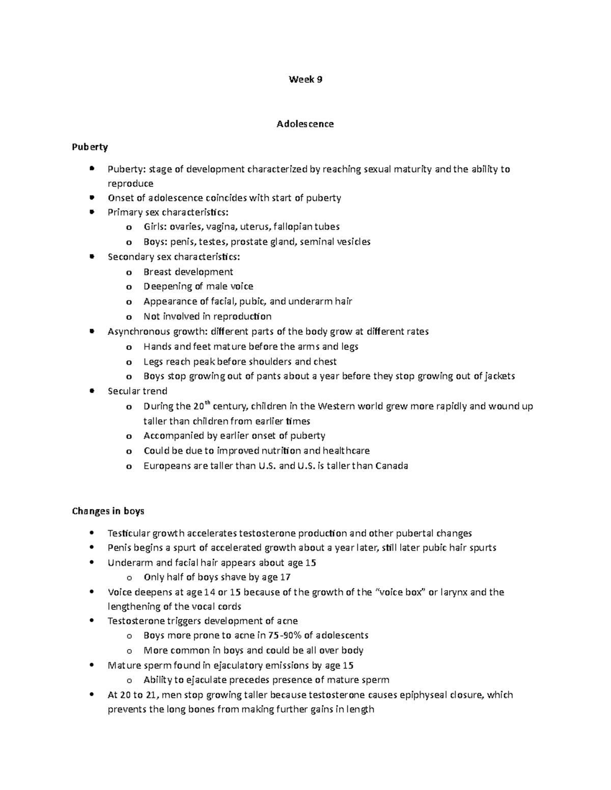 Week 9 Notes - Adolescence development - Week 9 Adolescence Puberty ...