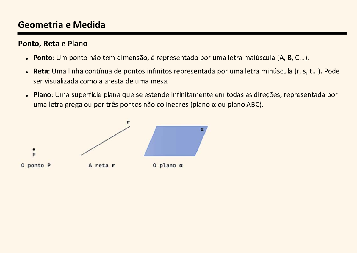 Geometria e Medida - Resumo de matéria - Geometria e Medida Ponto, Reta e Plano Ponto: Um ponto ...