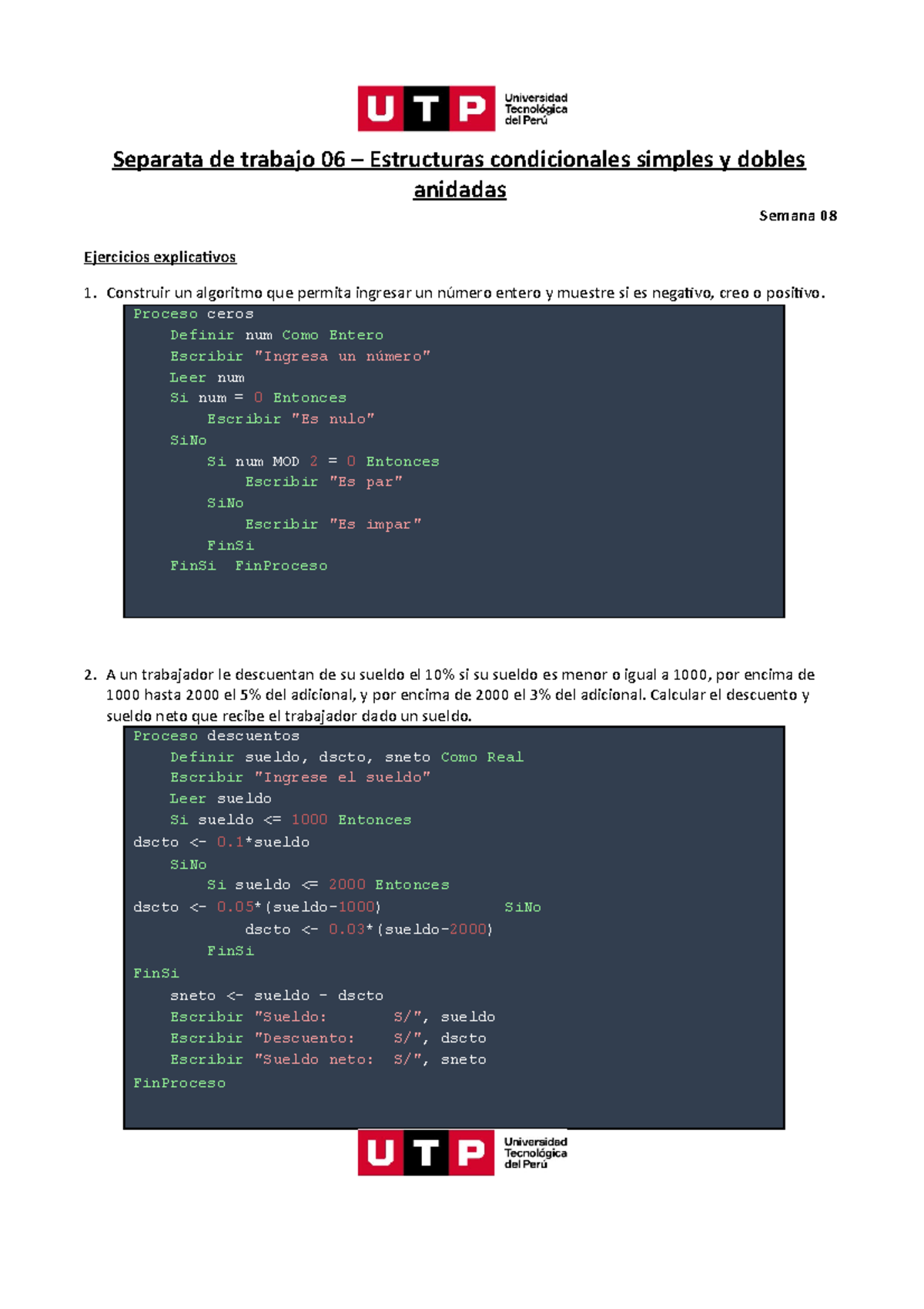Tarea Algoritmos Sem8 - Separata de trabajo 06 – Estructuras condicionales simples y dobles ...