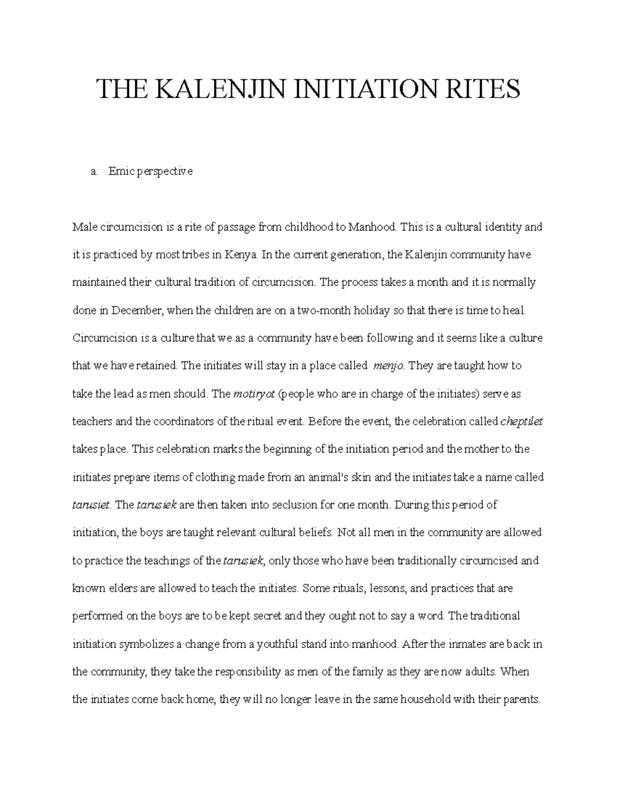 Rites OF Passage - Initiation - THE KALENJIN INITIATION RITES a. Emic ...