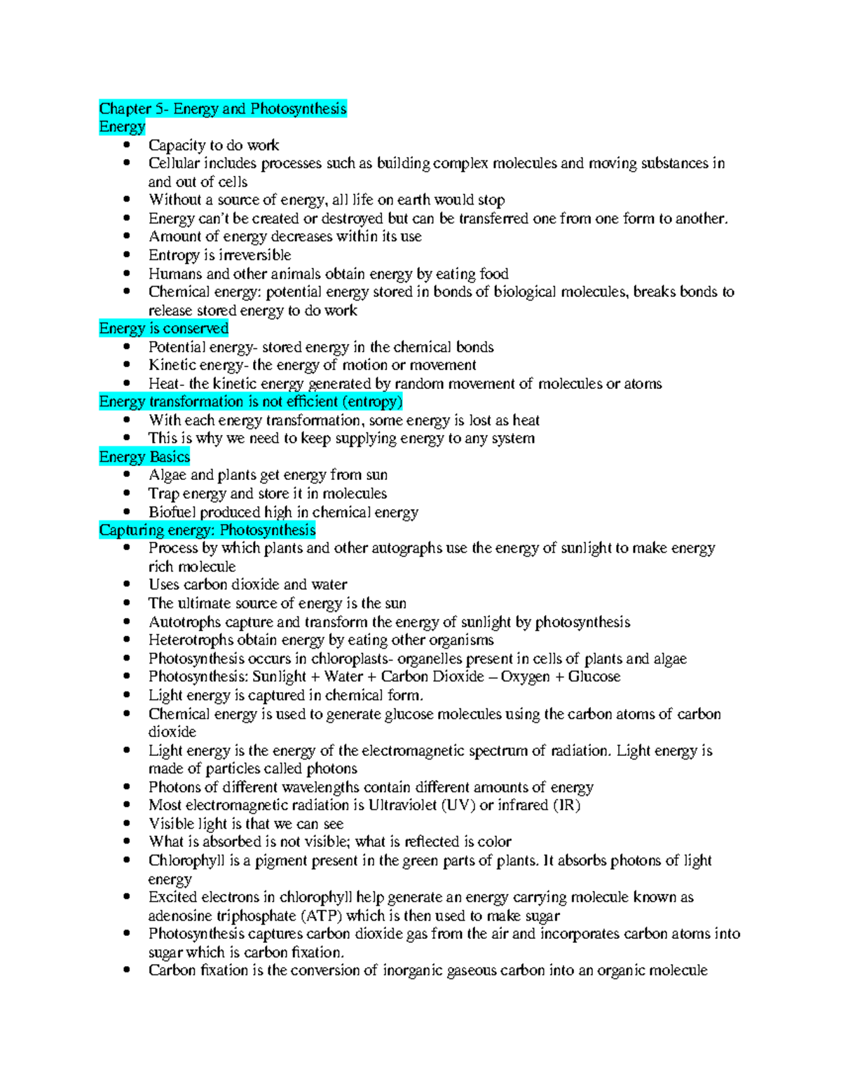 Chapter 5 Bio Notes - Chapter 5- Energy and Photosynthesis Energy ...