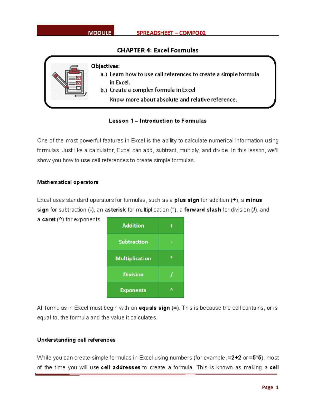 Compo 02 Chapter 4 - CHAPTER 4: Excel Formulas Lesson 1 – Introduction ...