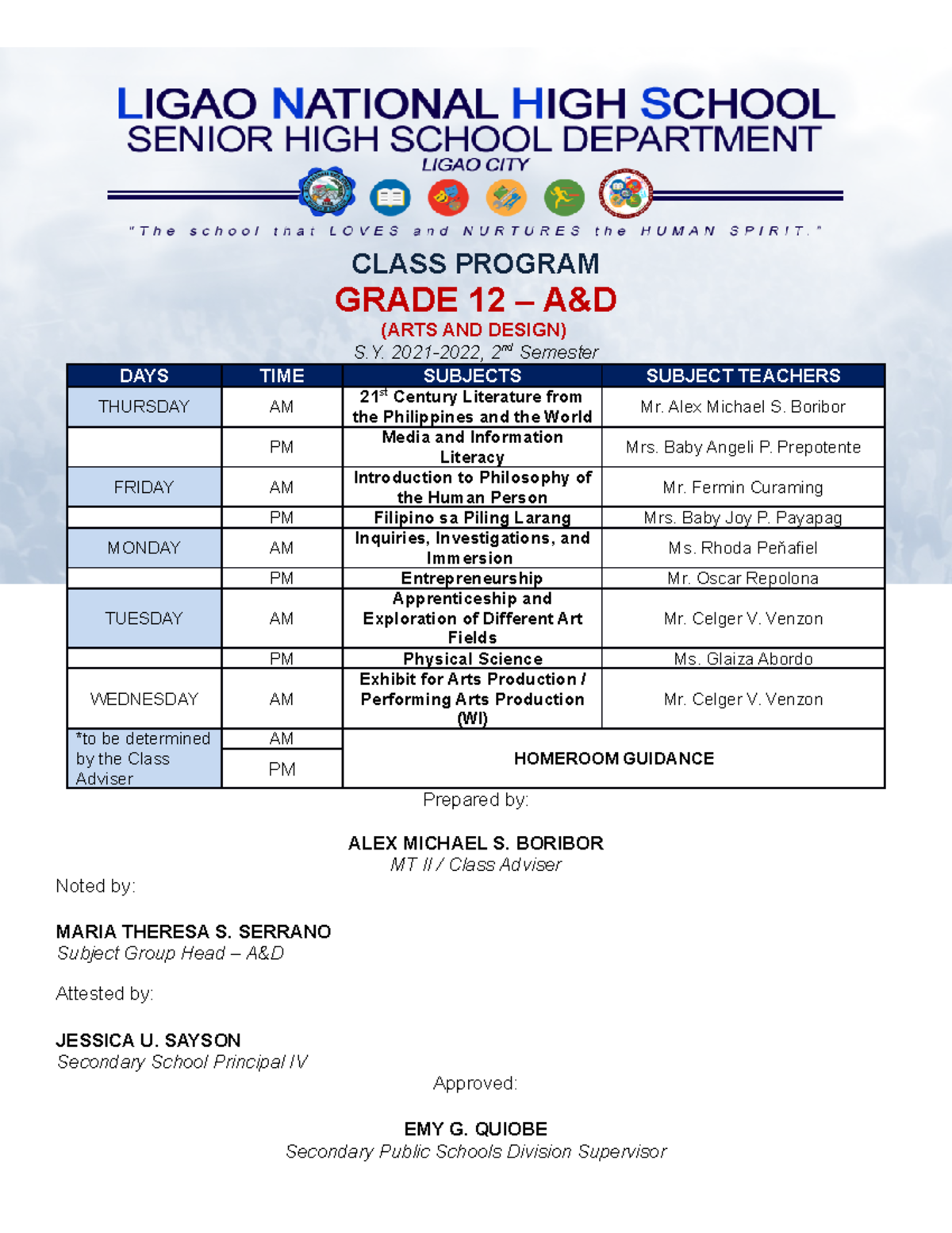 12-arts and design - Class- Program-2021-2022 - CLASS PROGRAM GRADE 12 ...