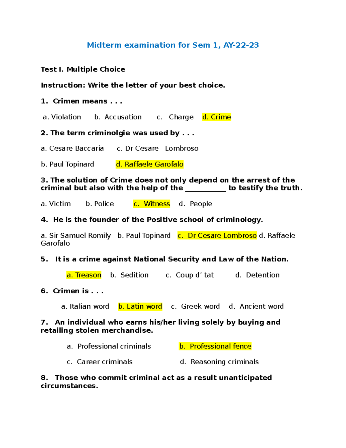 Midterm examination for Sem 1 - Multiple Choice Instruction: Write the ...