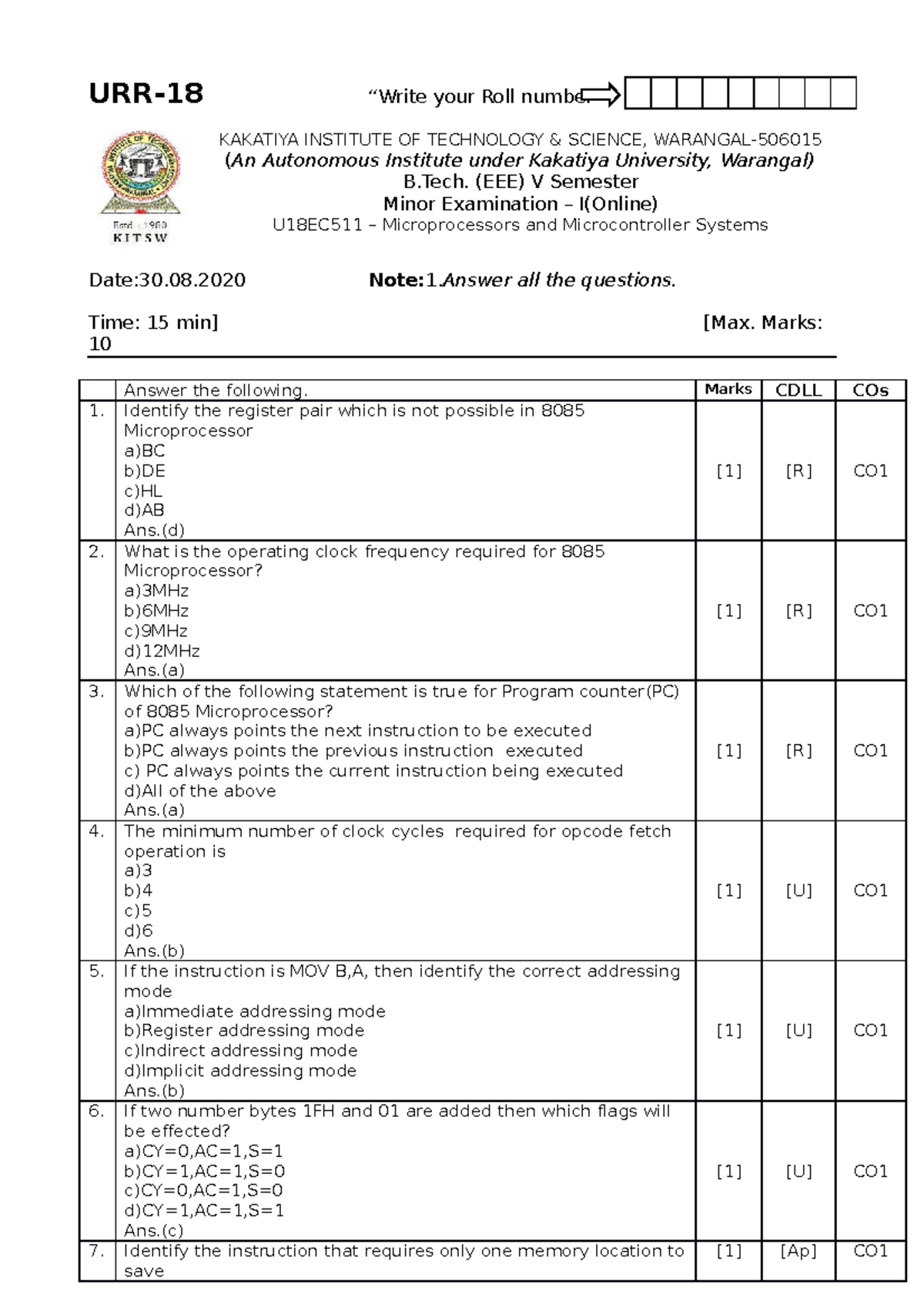 Minor 1QPwith Key - Key paper - URR-18 “Write your Roll number” KAKATIYA INSTITUTE OF TECHNOLOGY ...