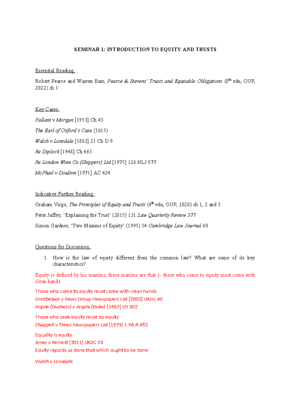 Seminar 1 Introduction to Equity and Trusts - SEMINAR 1: INTRODUCTION TO EQUITY AND TRUSTS ...