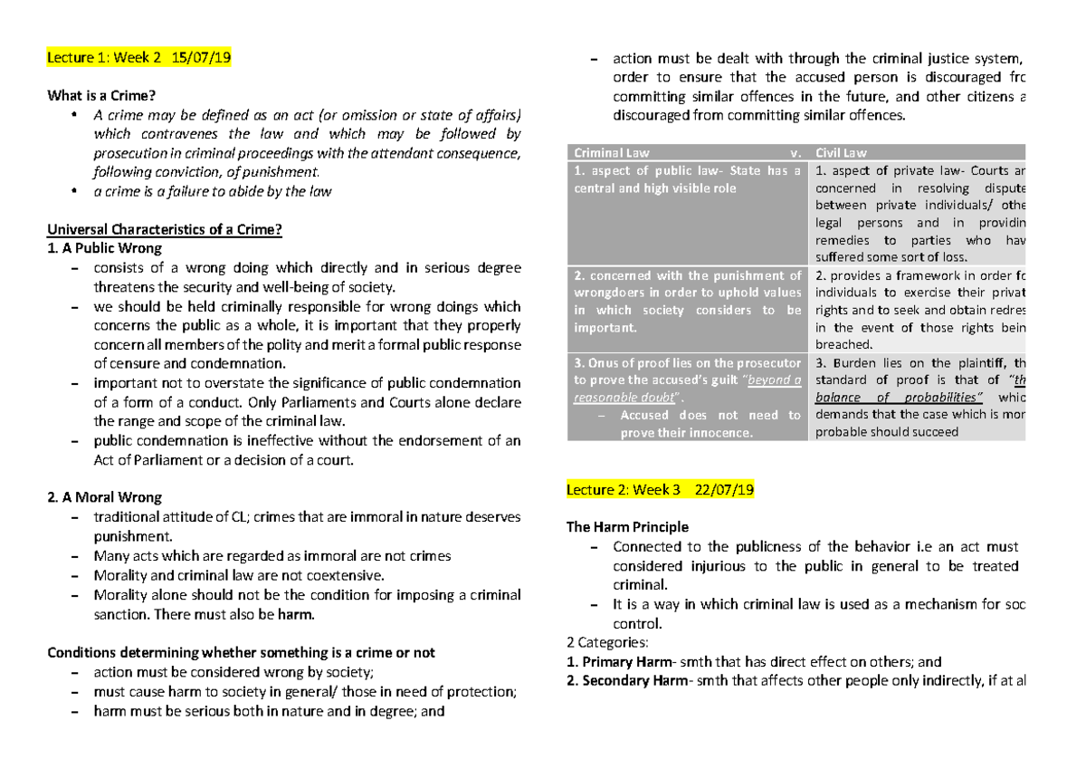 Criminal I Revision Notes - Lecture 1: Week 2 15/07/ What is a Crime ...
