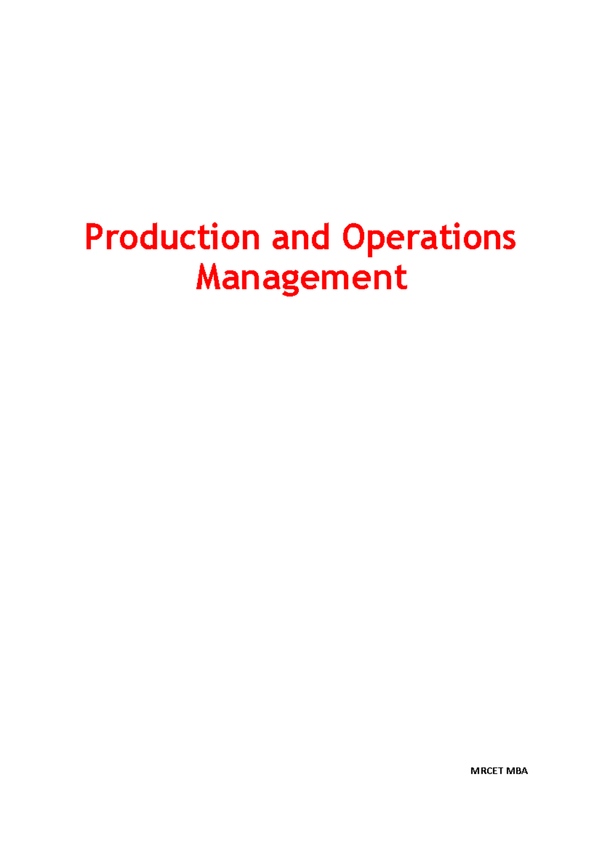 Production Management - MRCET MBA Production and Operations Management ...