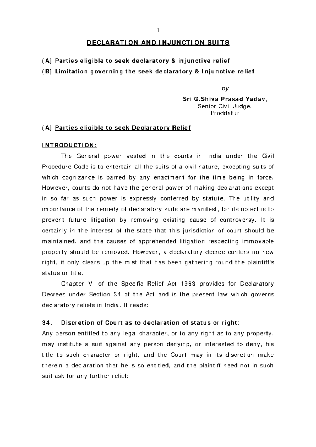 Injunction suit format - DECLARATION AND INJUNCTION SUITS (A) Parties ...