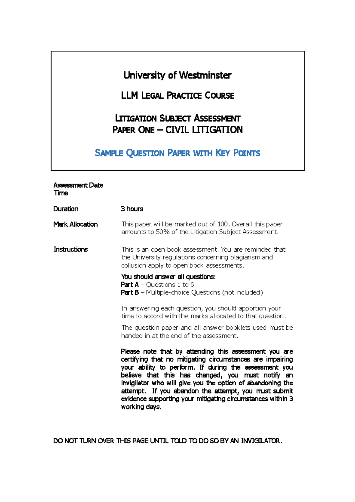 Civil sample paper - key points - University of Westminster LLM LEGAL ...